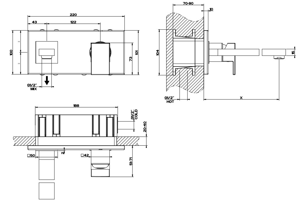 Miscelatore Gessi parete bocca personalizzabile Rettangolo parte ...
