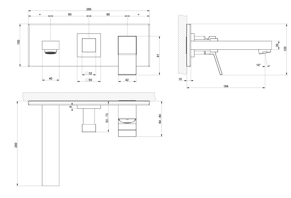 Miscelatore Gessi Vasca a parete 2 vie con deviatore serie Rettangolo K ...